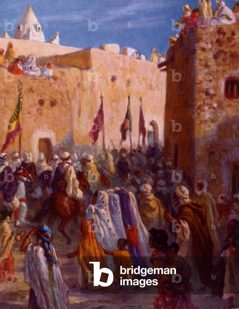 Illustration depicting Moslem Arab warriors leaving a town to embark on ...