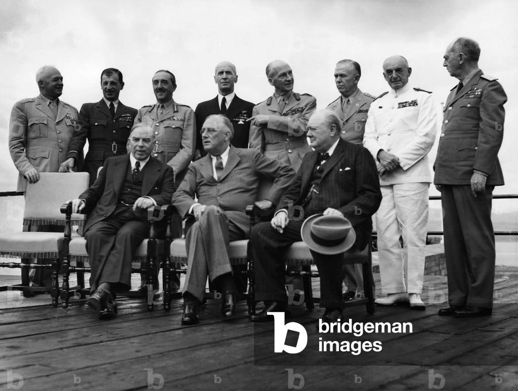 Image of World War II. Seated, from left: W.L. Mackenzie King, Franklin