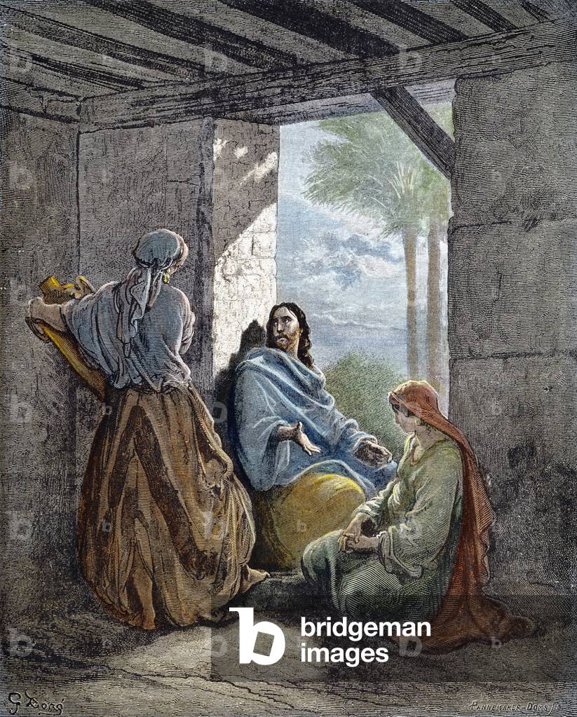 Image of JESUS WITH MARTHA & MARY (Luke 10: 41, 42); wood by Dore ...